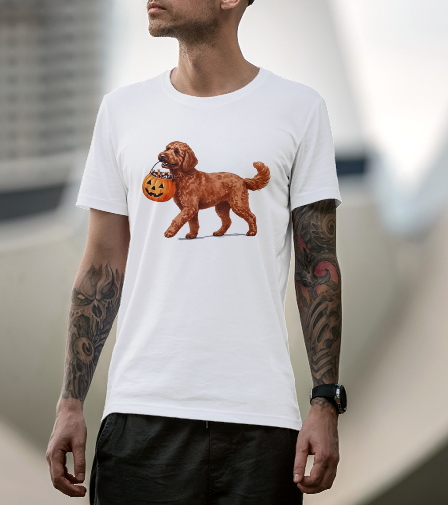 Goldendoodle Halloween Spooky Dog 2026 Pumpkin Treat Bucket T-Shirt
