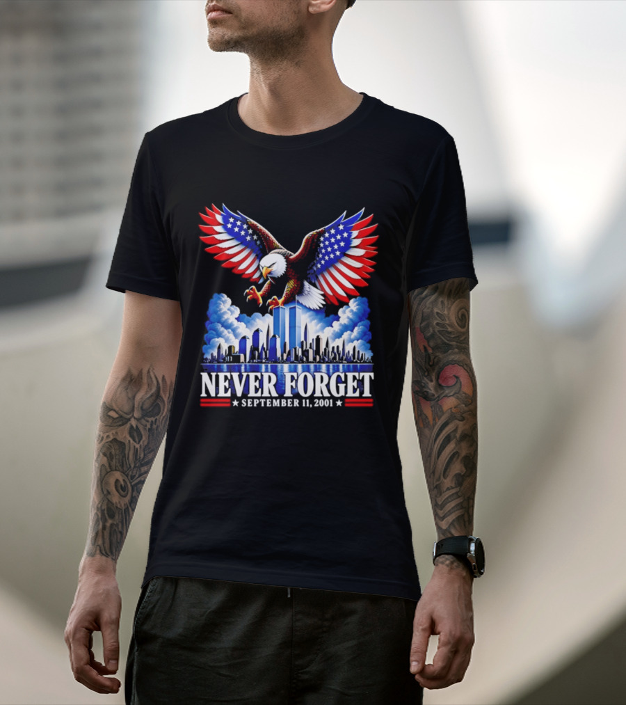 Never Forget September 11 2001 Eagle American Flag Twin Towers Memorial T-Shirt