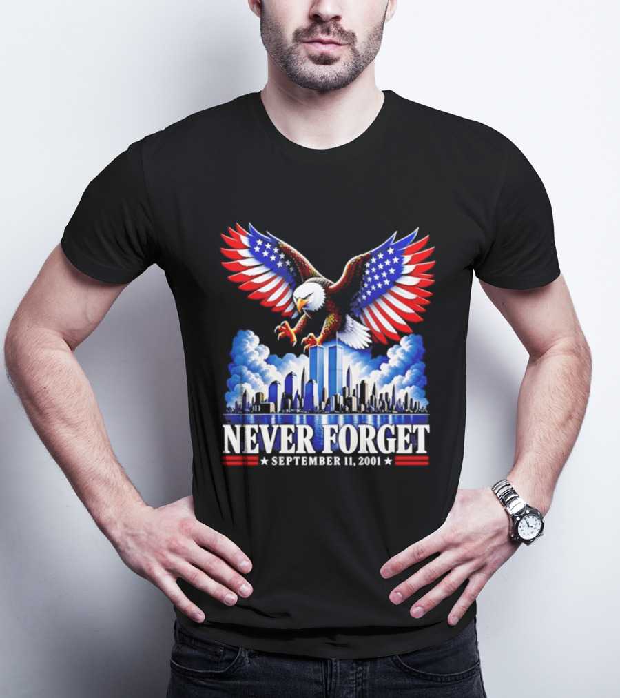 Never Forget September 11 2001 Eagle American Flag Twin Towers Memorial T-Shirt