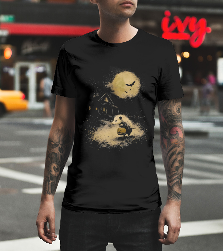 Opossum Halloween 2026 Pumpkin Spooky Moon Haunted House Scene T-Shirt