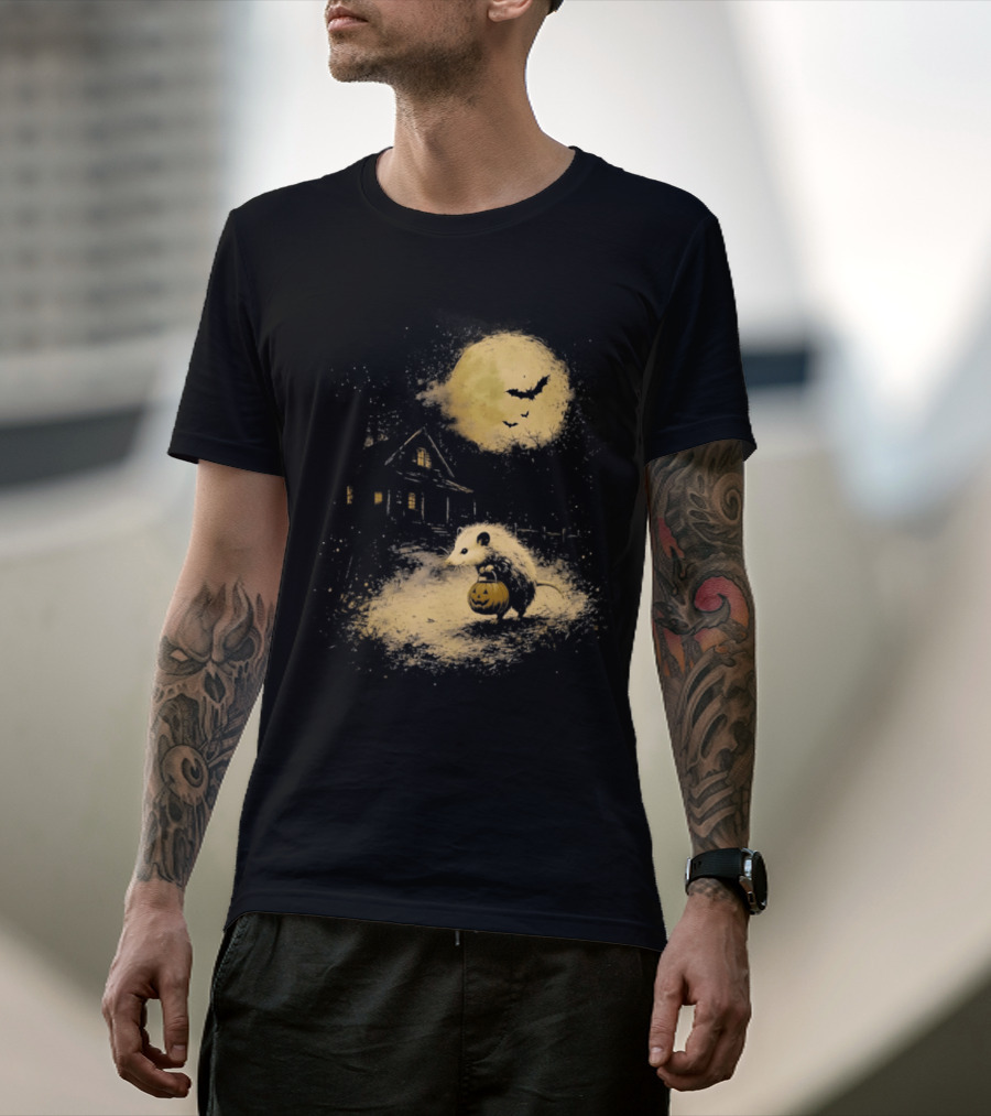 Opossum Halloween 2026 Pumpkin Spooky Moon Haunted House Scene T-Shirt