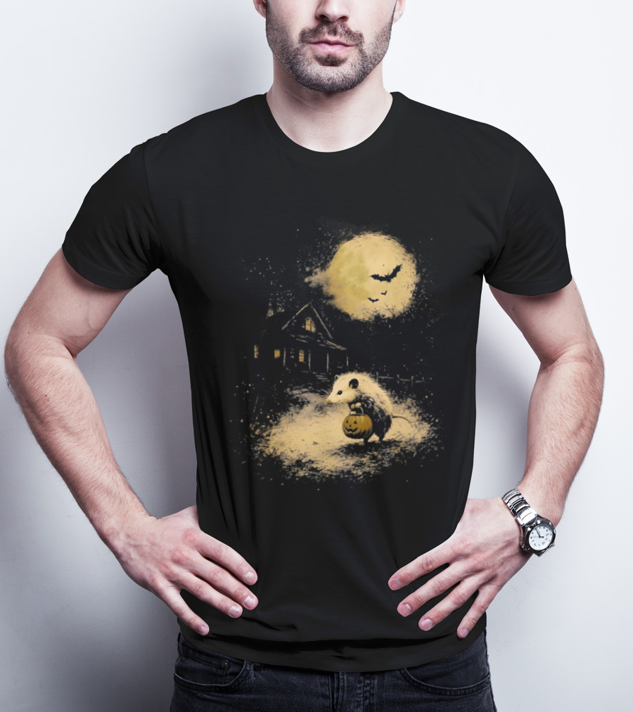 Opossum Halloween 2026 Pumpkin Spooky Moon Haunted House Scene T-Shirt