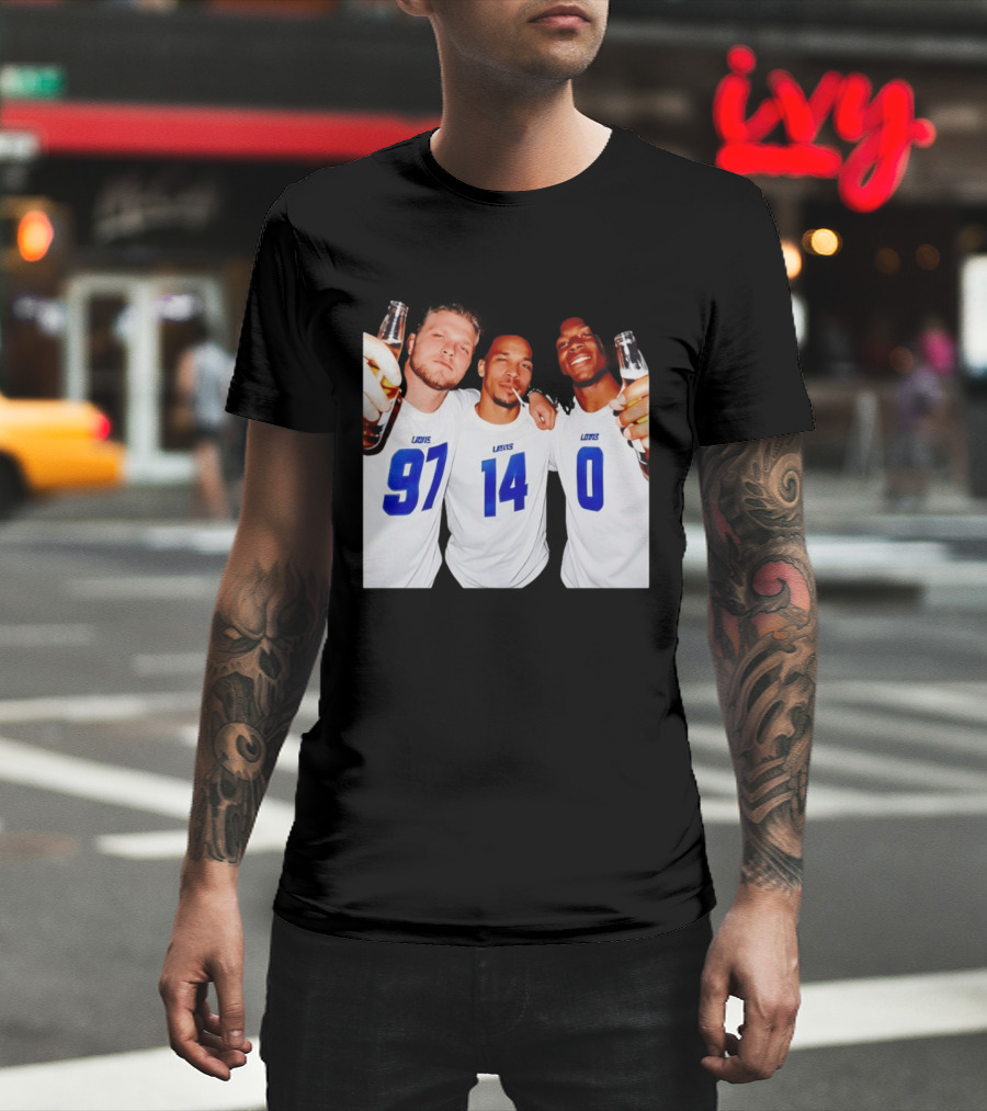 Detroit Lions Aidan Hutchinson Amon Ra St. Brown Jahmyr Gibbs Holding Beer Bottles Smoking Celebration T-Shirt