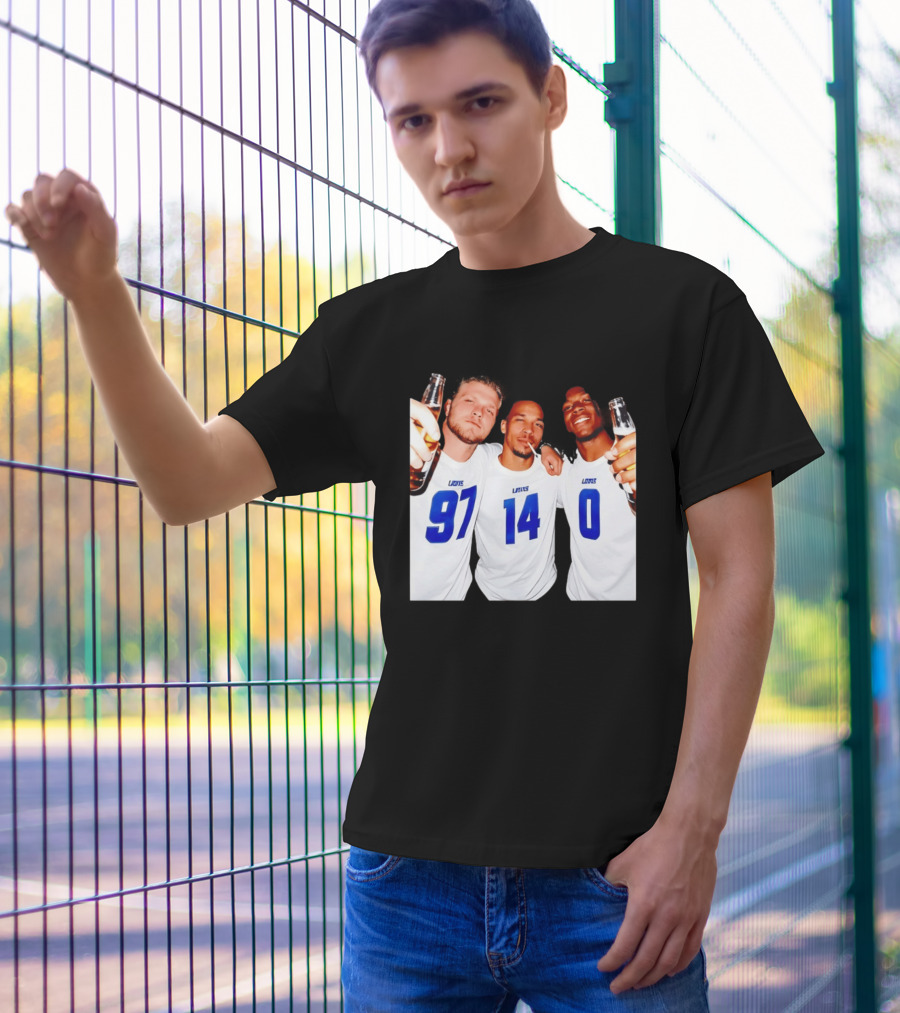 Detroit Lions Aidan Hutchinson Amon Ra St. Brown Jahmyr Gibbs Holding Beer Bottles Smoking Celebration T-Shirt