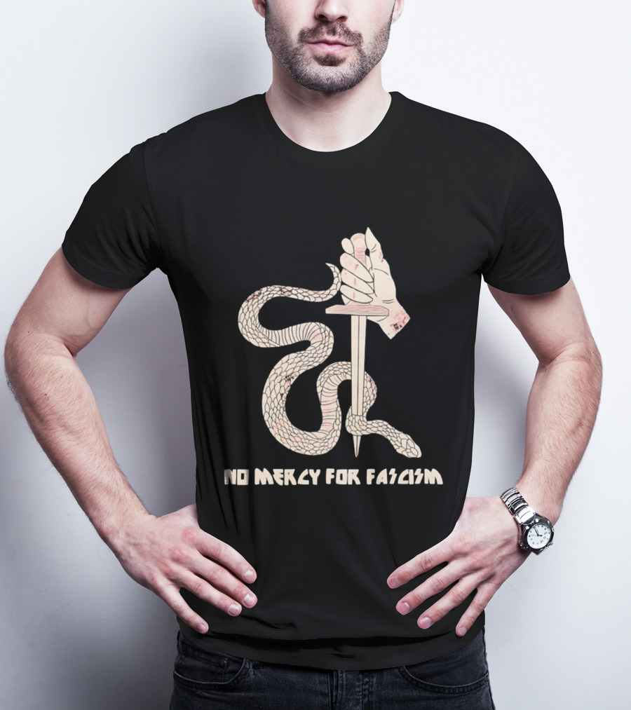 No Mercy For Fascism Snake Winding Around Dagger And Hand T-Shirt