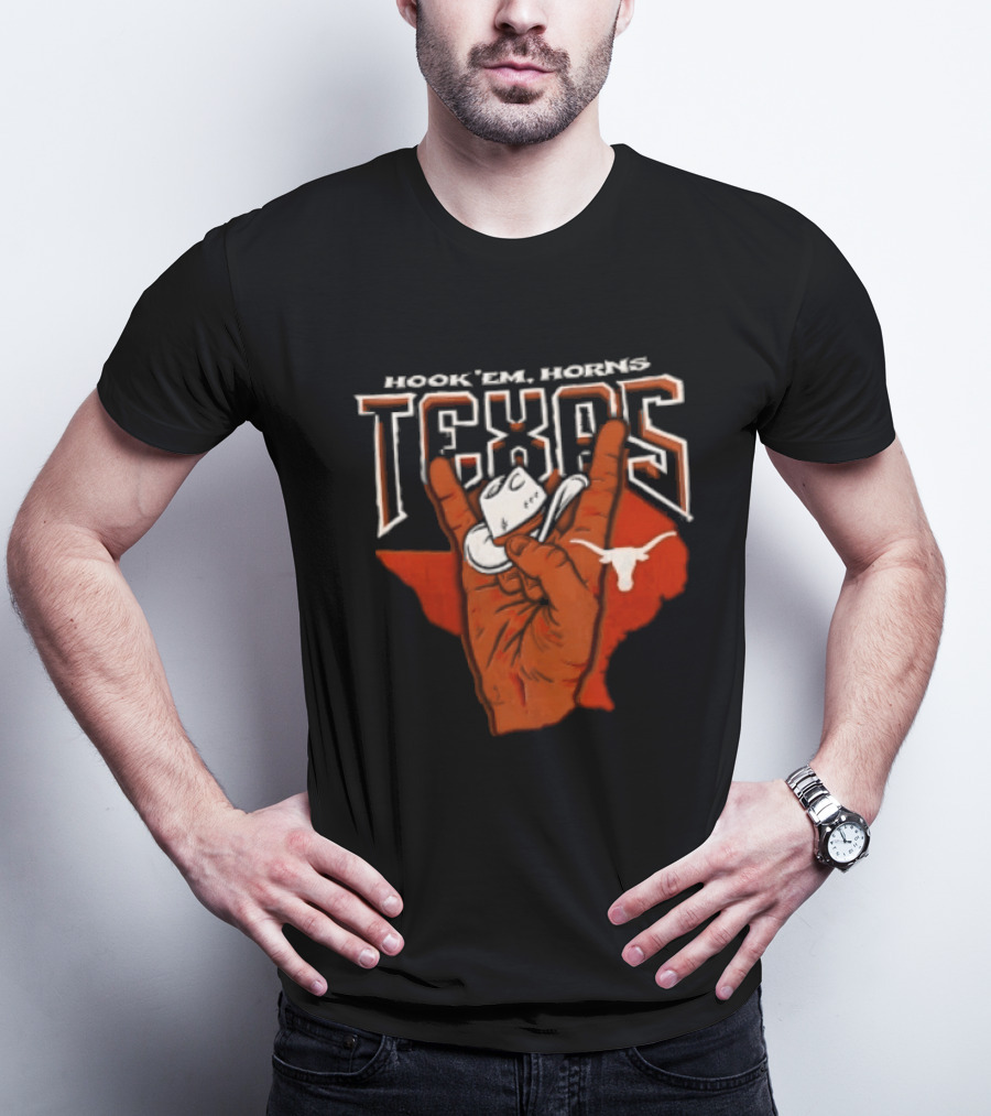 Hook 'em Texas Longhorns Hand Sign With Cowboy Hat And Longhorn T-Shirt