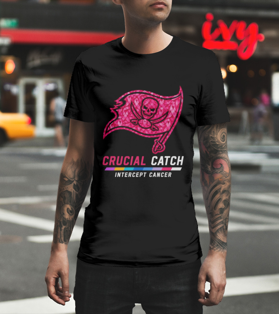 Tampa Bay Buccaneers 2026 Crucial Catch Intercept Cancer Pink Ribbon Flag T-Shirt