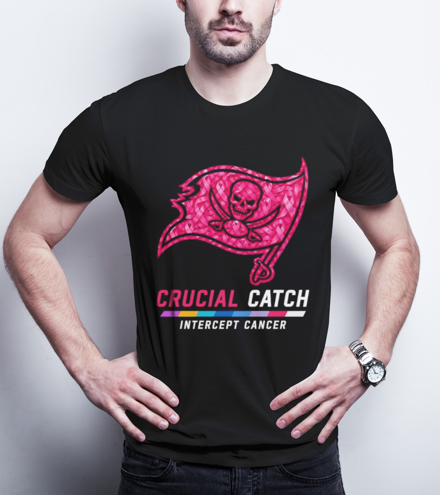 Tampa Bay Buccaneers 2026 Crucial Catch Intercept Cancer Pink Ribbon Flag T-Shirt