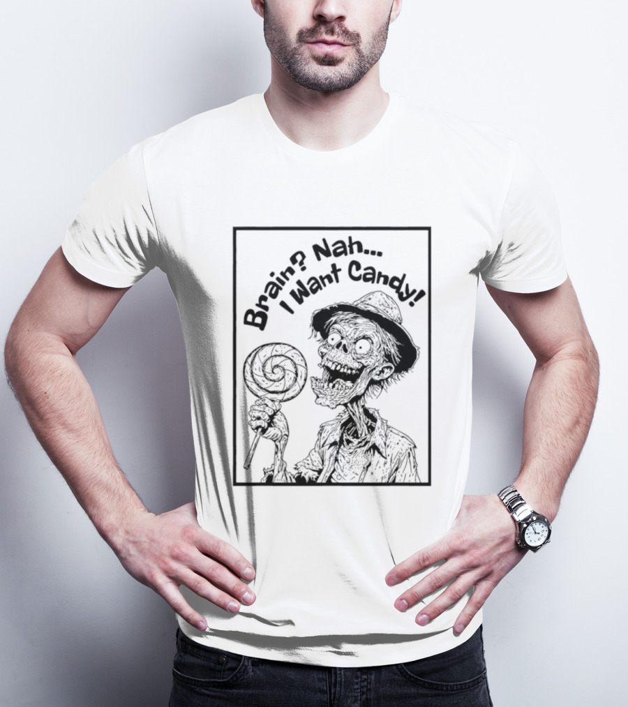 Halloween Zombie Eating Lollipop Brain Nah I Want Candy Ghost T-Shirt