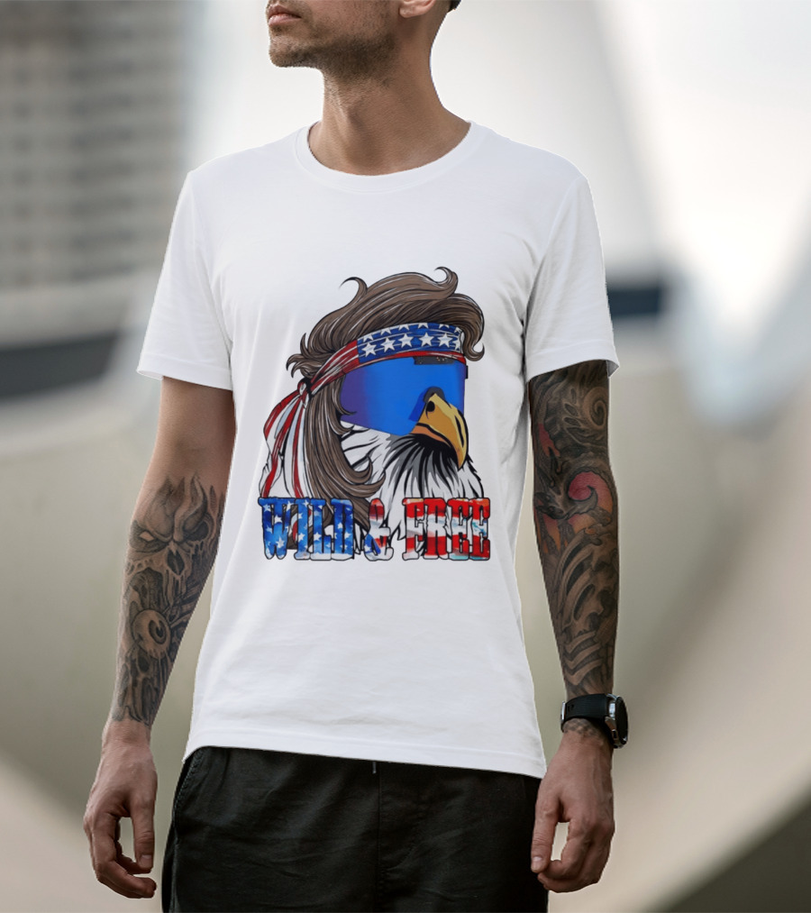 Wild And Free Bald Eagle USA Flag Bandana And Sunglasses T-Shirt