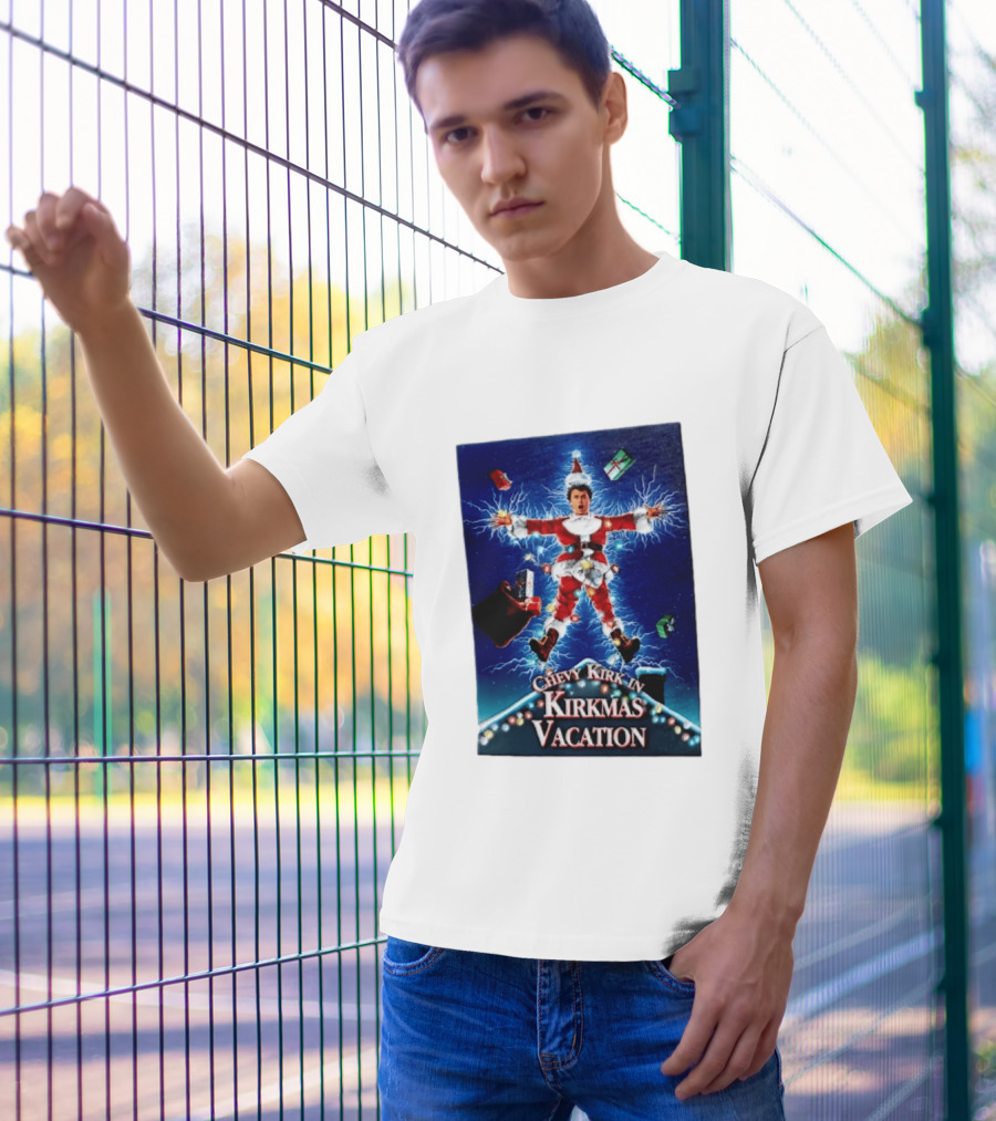 Chevy Kirk In Kirkmas Vacation Christmas Presents Lights Santa Suit Explosion T-Shirt