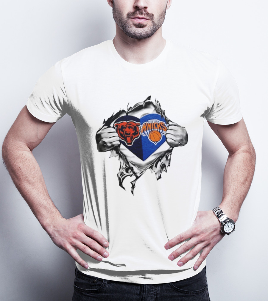 Chicago Bears New York Knicks Heart Symbol Fan Pride Collaboration T-Shirt