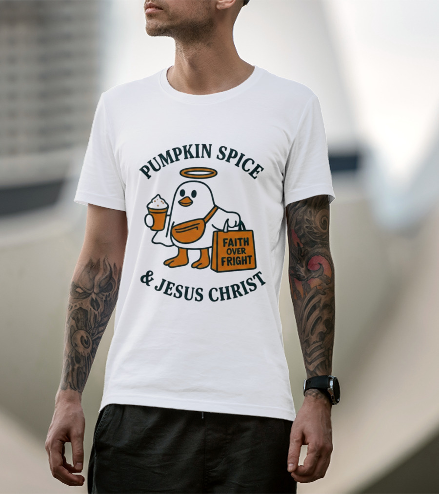 Pumpkin Spice Jesus Christ Faith Over Fright Angelic Penguin Coffee T-Shirt