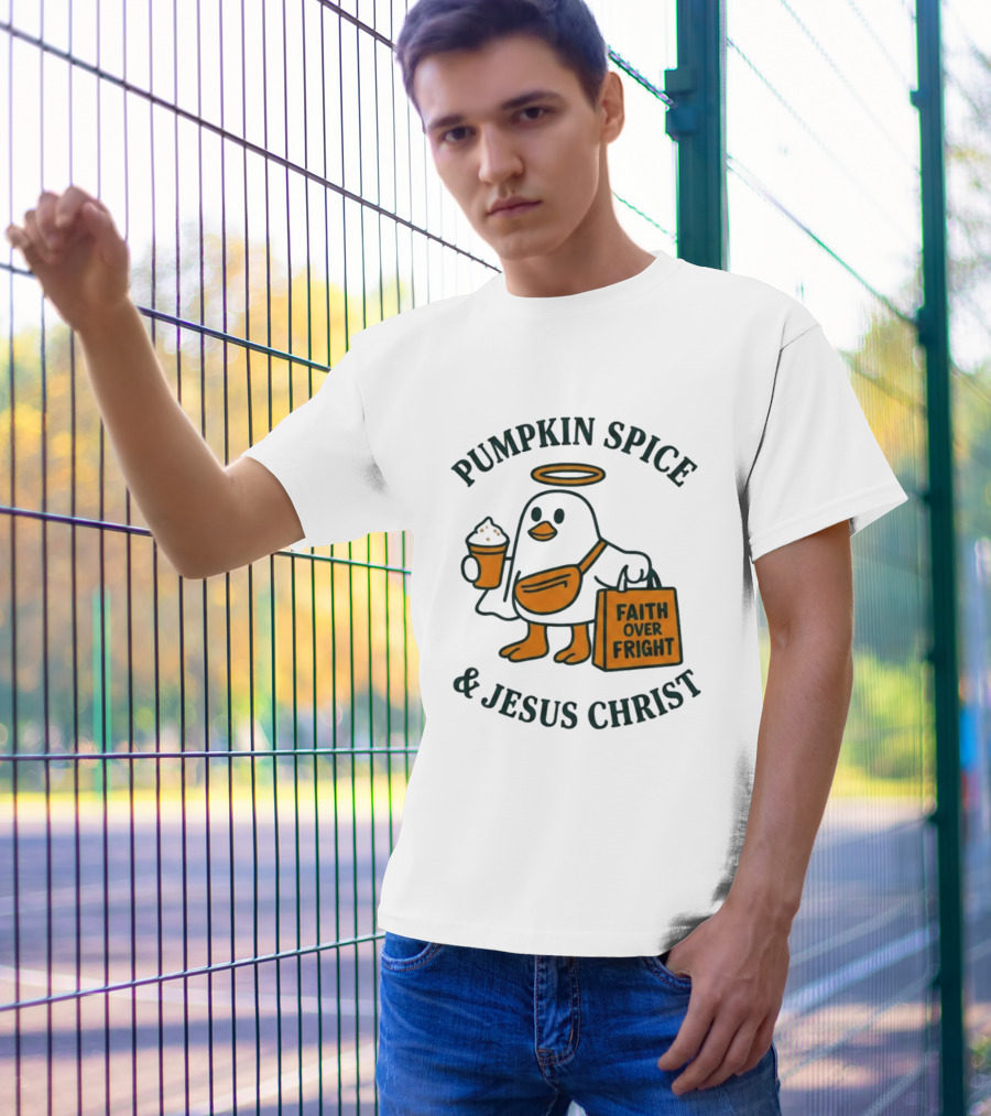 Pumpkin Spice Jesus Christ Faith Over Fright Angelic Penguin Coffee T-Shirt