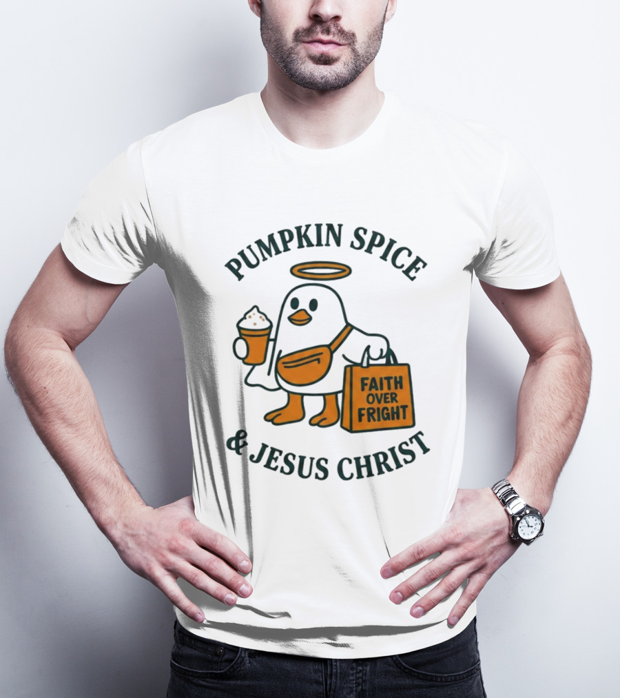 Pumpkin Spice Jesus Christ Faith Over Fright Angelic Penguin Coffee T-Shirt