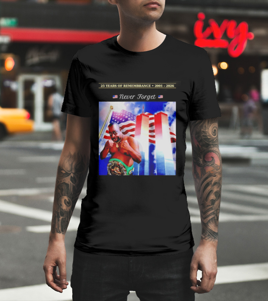 25 Years Of Remembrance 2001 2026 Beetlejuice Never Forget Twin Towers Boxing Belt American Flag T-Shirt