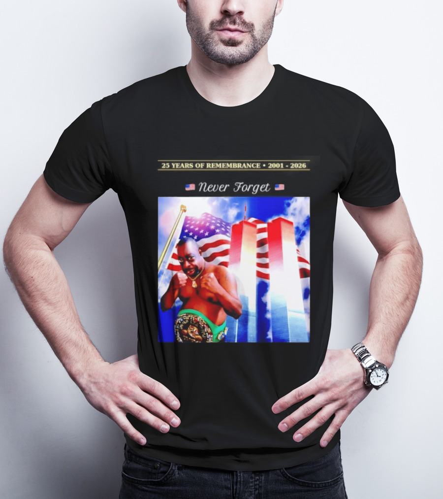 25 Years Of Remembrance 2001 2026 Beetlejuice Never Forget Twin Towers Boxing Belt American Flag T-Shirt