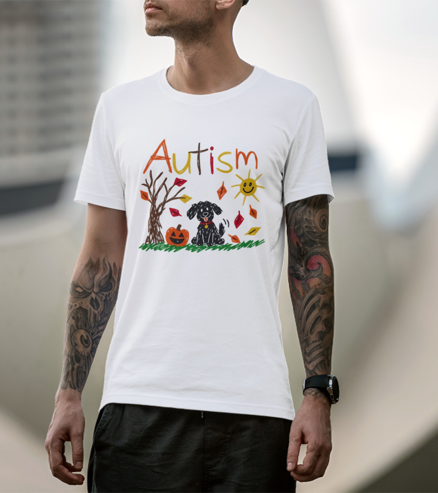 Autism Dog Pumpkin Halloween Fall Leaves Drawing T-Shirt