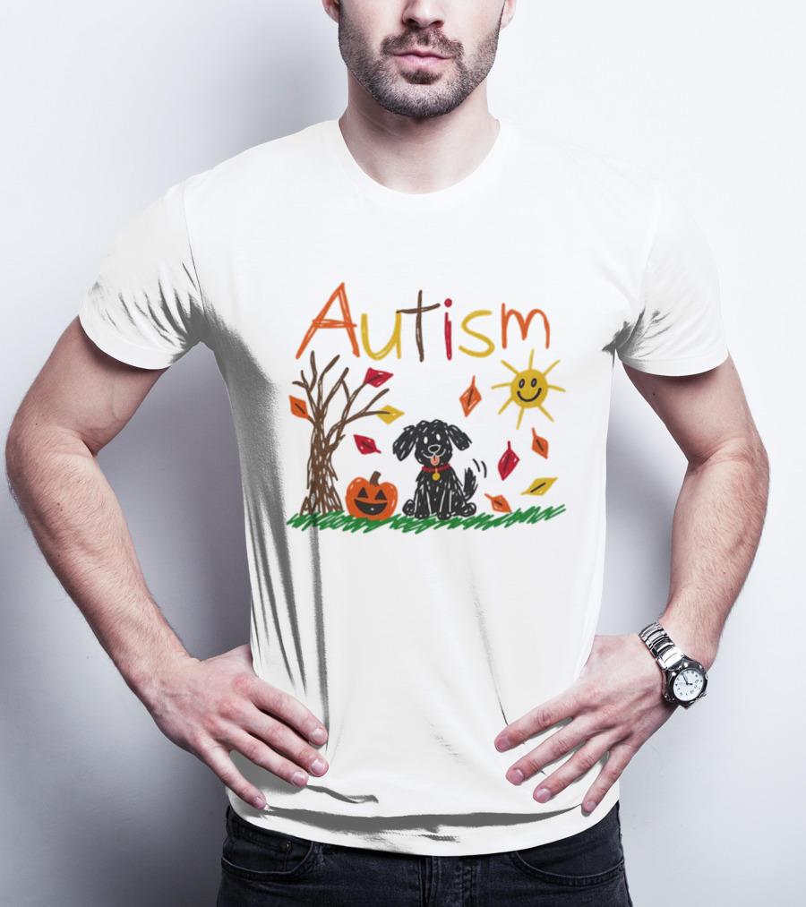 Autism Dog Pumpkin Halloween Fall Leaves Drawing T-Shirt