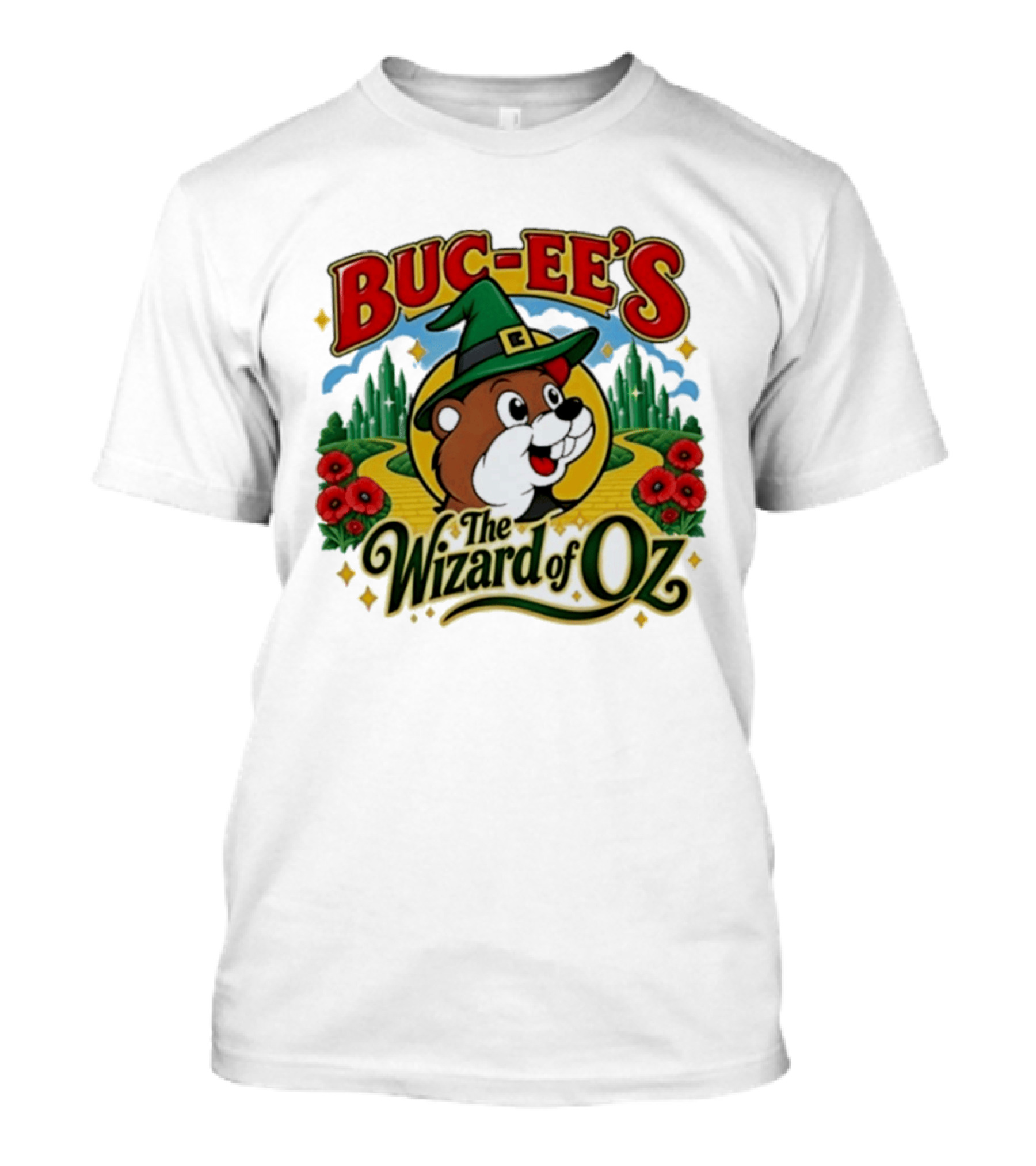 Buc Ee's The Wizard Of Oz Themed Parody With Beaver In Green Hat And Yellow Brick Road T-Shirt