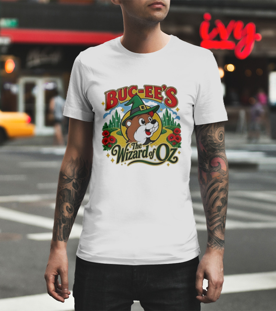 Buc Ee's The Wizard Of Oz Themed Parody With Beaver In Green Hat And Yellow Brick Road T-Shirt
