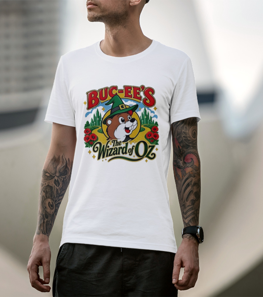 Buc Ee's The Wizard Of Oz Themed Parody With Beaver In Green Hat And Yellow Brick Road T-Shirt