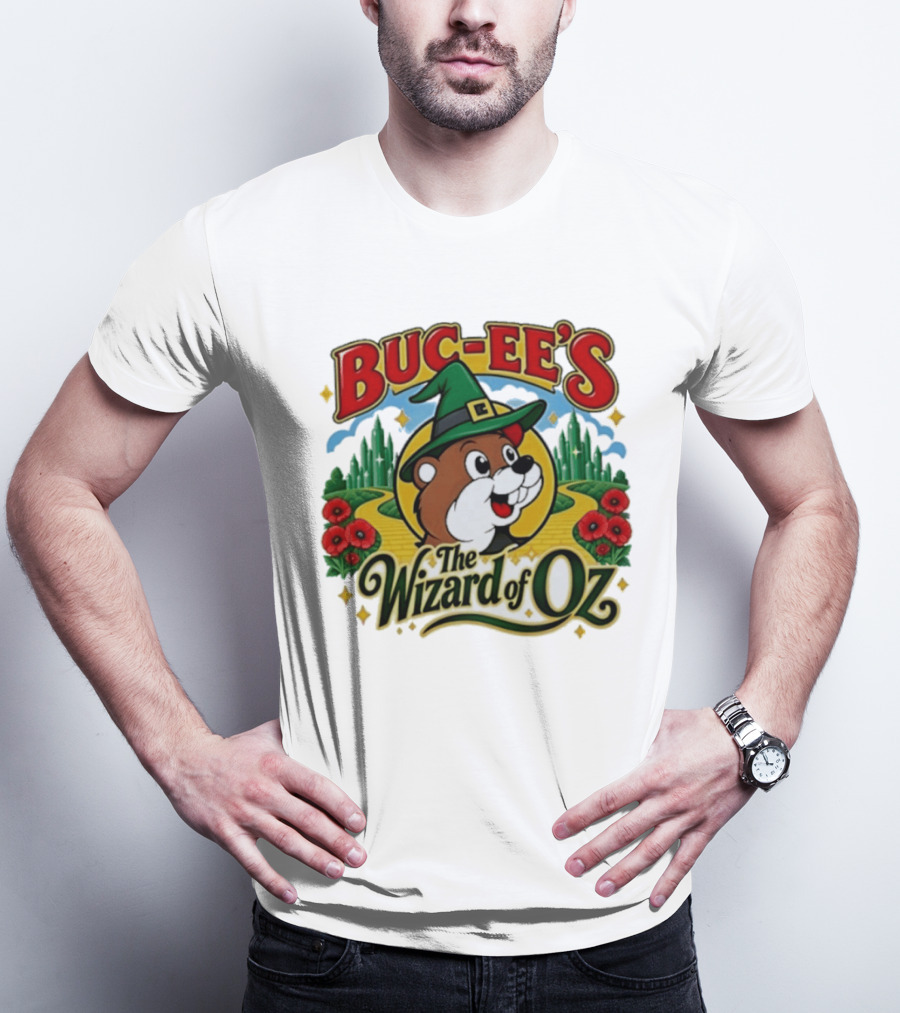 Buc Ee's The Wizard Of Oz Themed Parody With Beaver In Green Hat And Yellow Brick Road T-Shirt