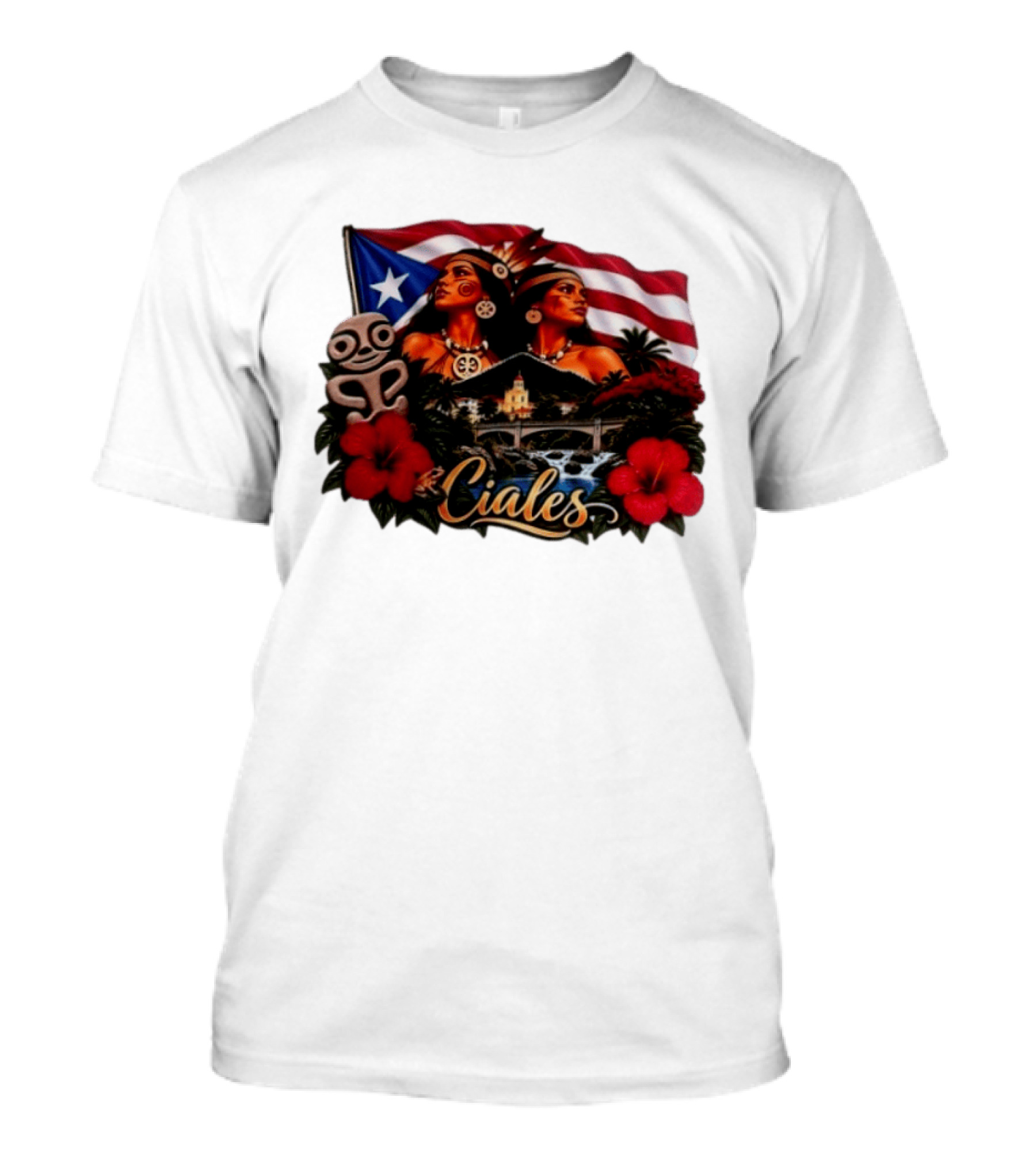 Ciales Puerto Rico Taino Women With Flag Hibiscus Flowers And Indigenous T-Shirt