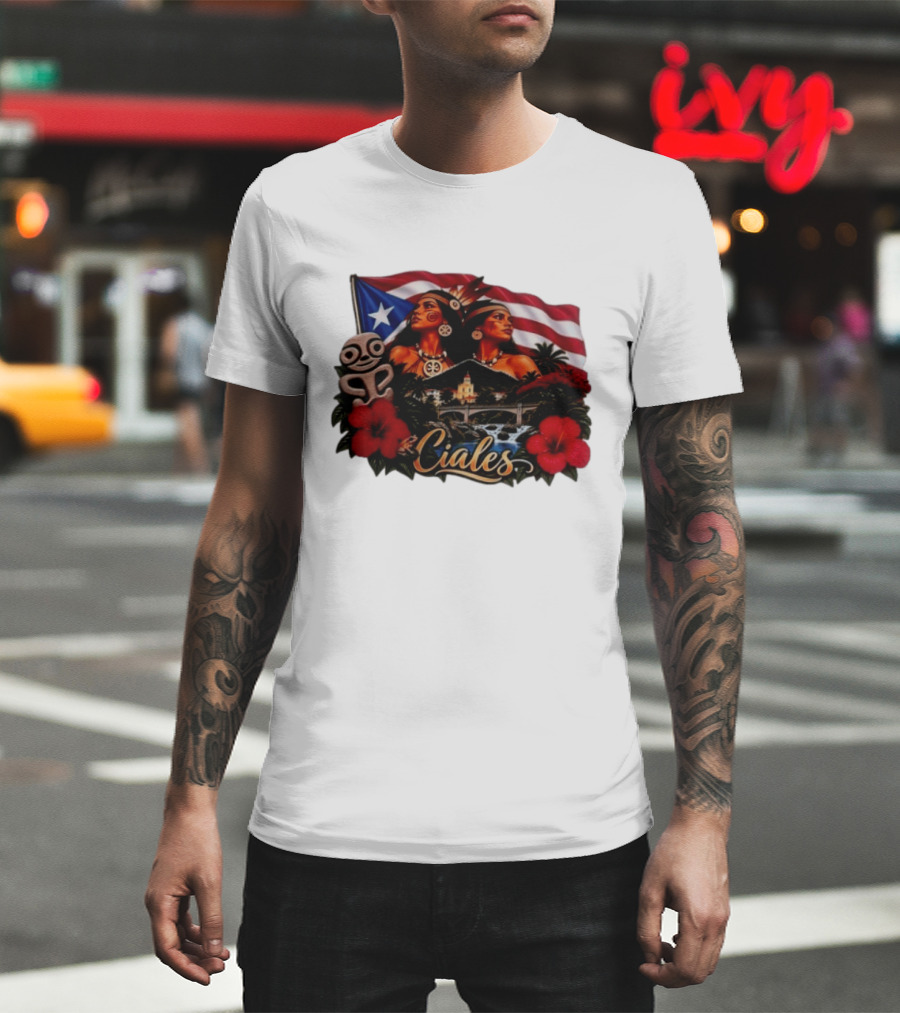 Ciales Puerto Rico Taino Women With Flag Hibiscus Flowers And Indigenous T-Shirt
