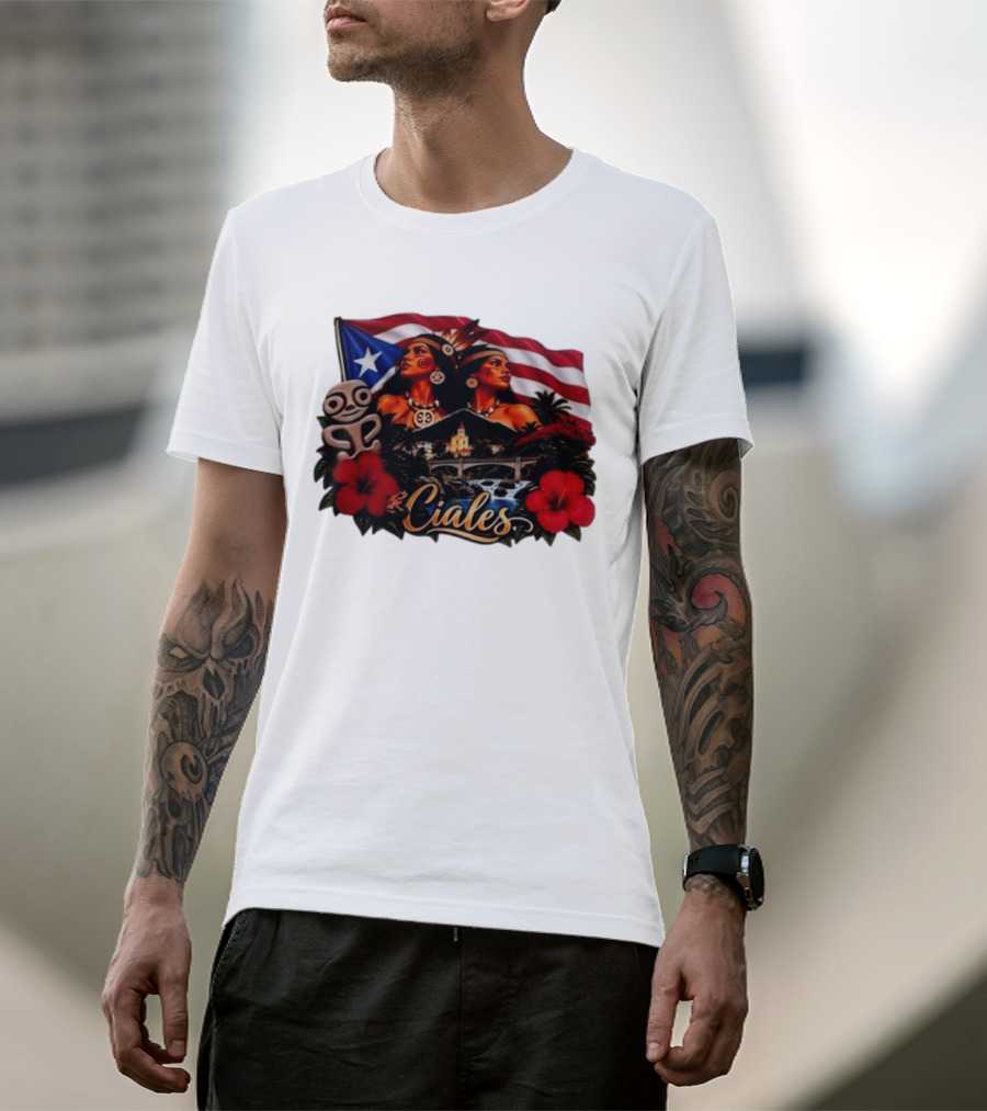 Ciales Puerto Rico Taino Women With Flag Hibiscus Flowers And Indigenous T-Shirt