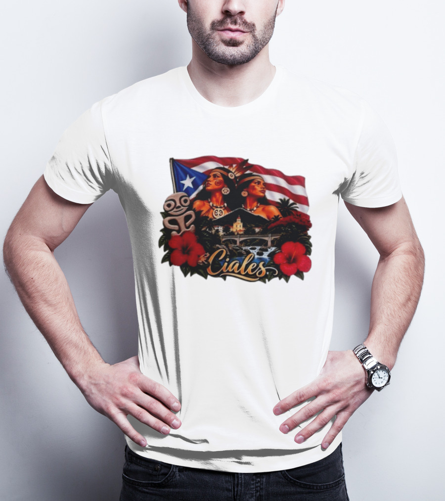 Ciales Puerto Rico Taino Women With Flag Hibiscus Flowers And Indigenous T-Shirt