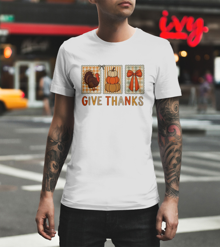 Thanksgiving Give Thanks Turkey Pumpkin Bow Harvest Celebration T-Shirt