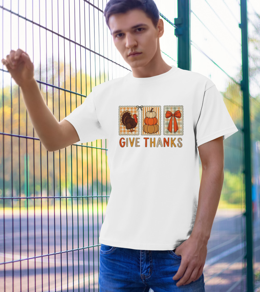 Thanksgiving Give Thanks Turkey Pumpkin Bow Harvest Celebration T-Shirt