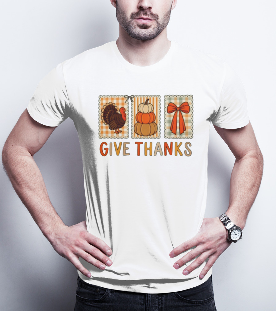 Thanksgiving Give Thanks Turkey Pumpkin Bow Harvest Celebration T-Shirt