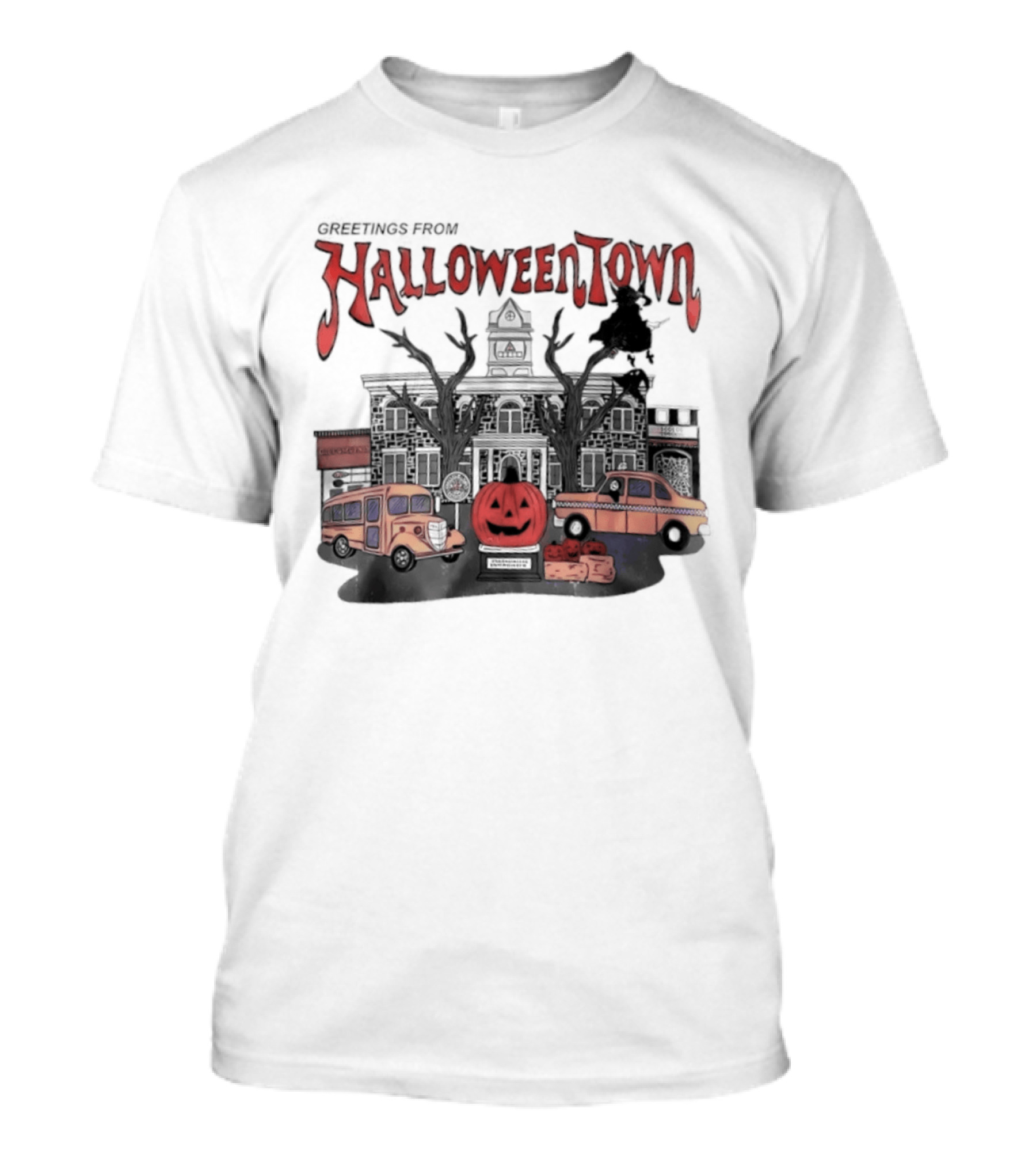 Greetings From Halloweentown Pumpkin Bus Witches Taxi T-Shirt