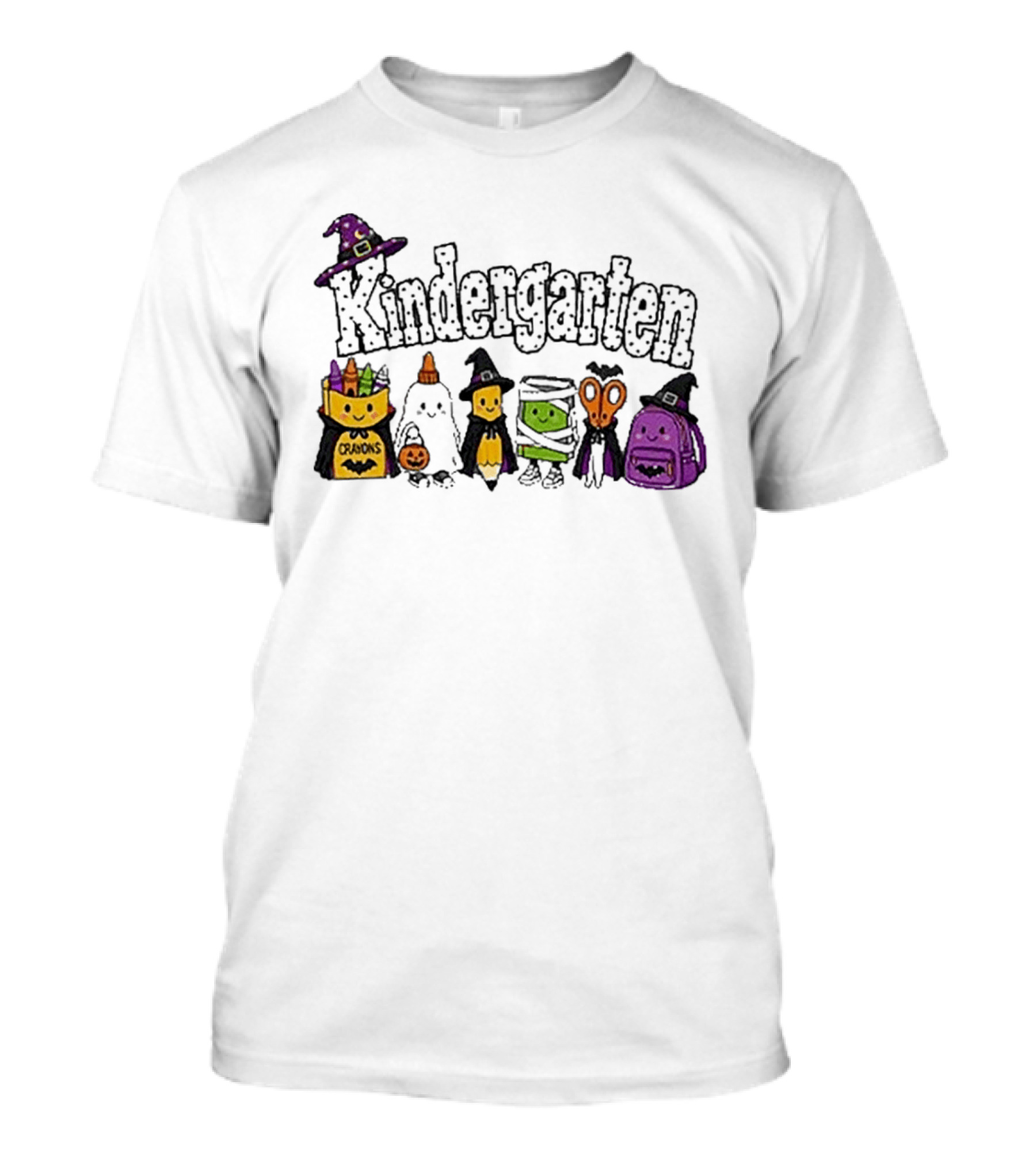 Kindergarten Crayons Ghost Bat Pumpkin Mummy Scissors Backpack Halloween T-Shirt
