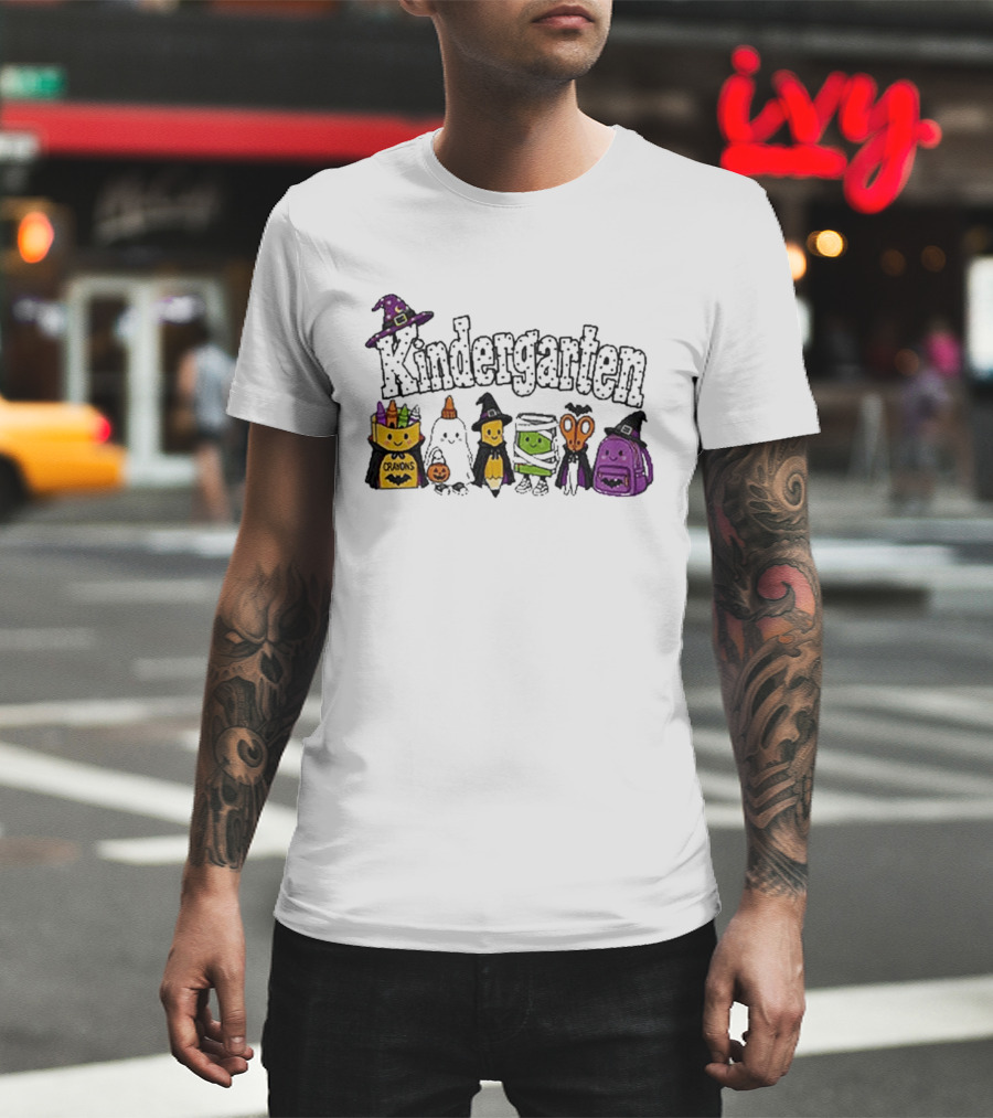 Kindergarten Crayons Ghost Bat Pumpkin Mummy Scissors Backpack Halloween T-Shirt