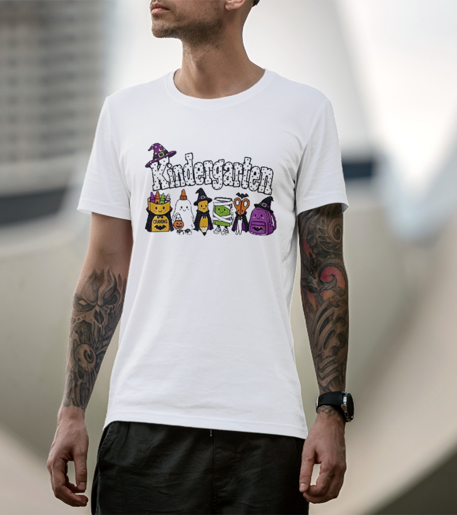 Kindergarten Crayons Ghost Bat Pumpkin Mummy Scissors Backpack Halloween T-Shirt