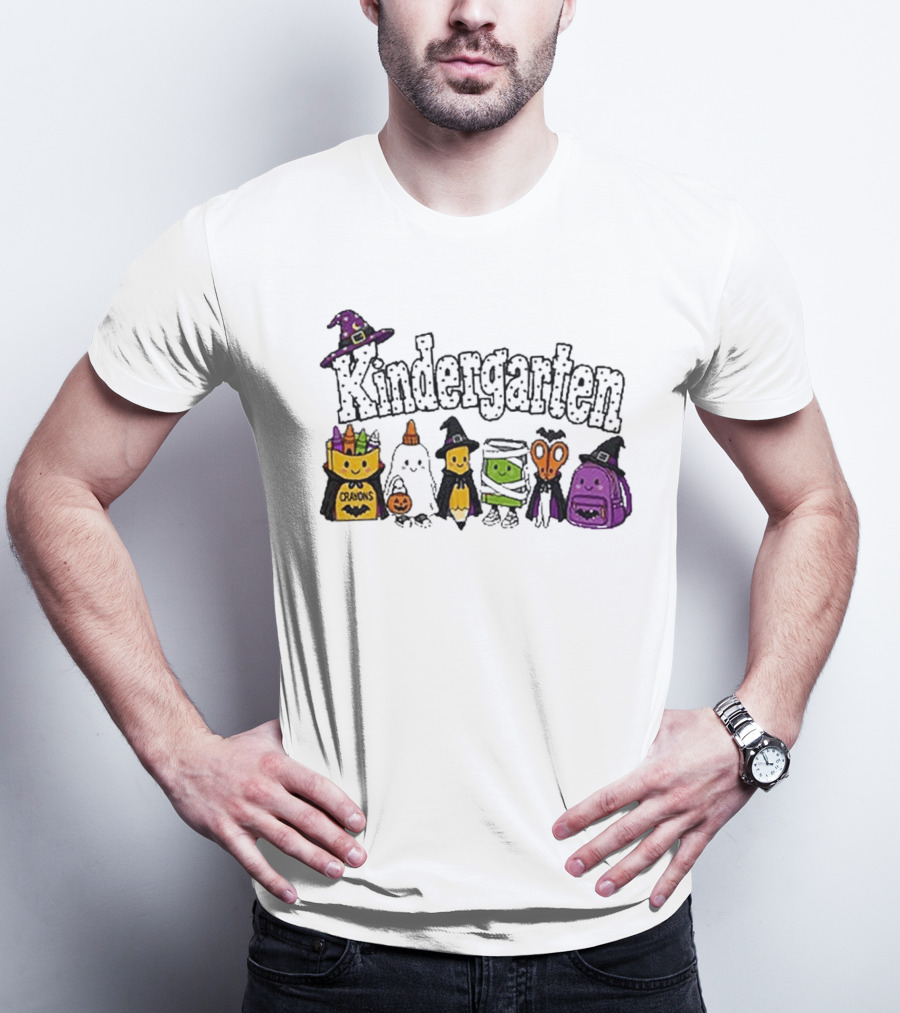 Kindergarten Crayons Ghost Bat Pumpkin Mummy Scissors Backpack Halloween T-Shirt