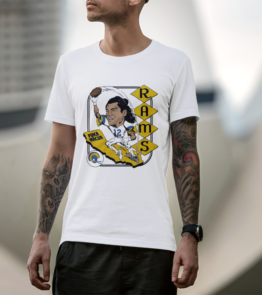 Los Angeles Rams Puka Nacua Caricature Football Player California Map T-Shirt