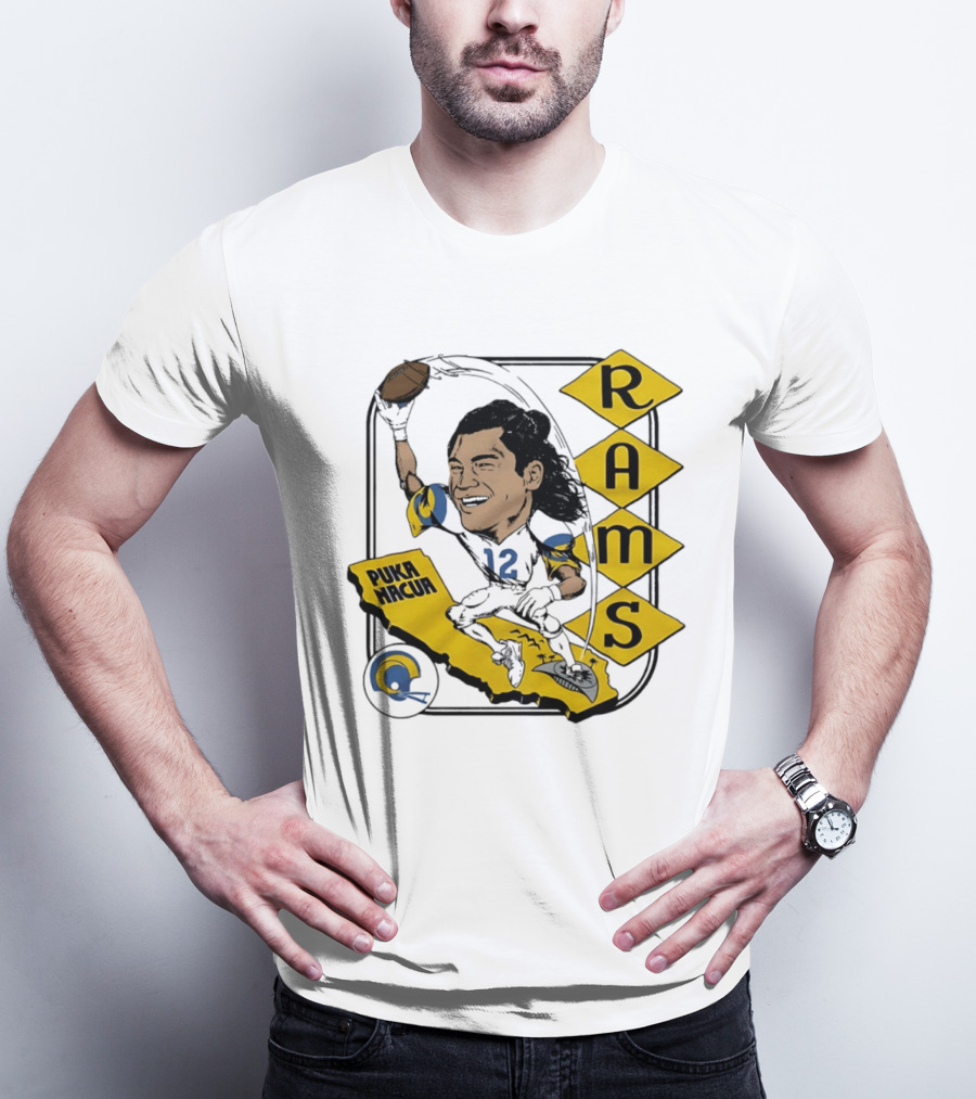 Los Angeles Rams Puka Nacua Caricature Football Player California Map T-Shirt