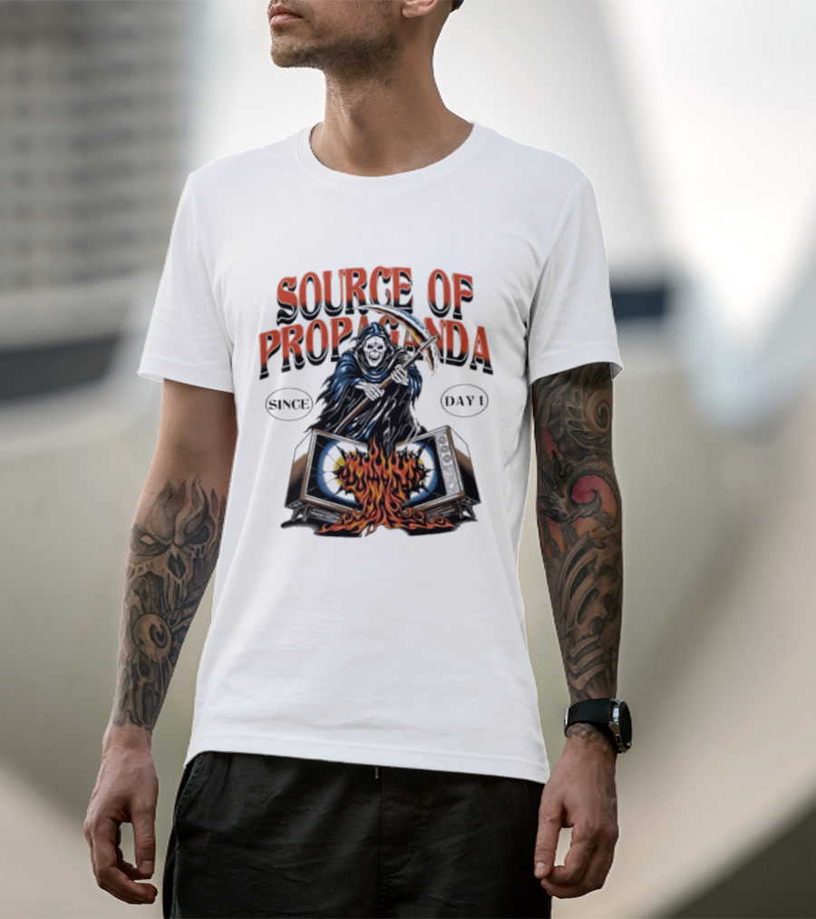 Source Of Propaganda Since Day 1 Grim Reaper Over Burning Television T-Shirt