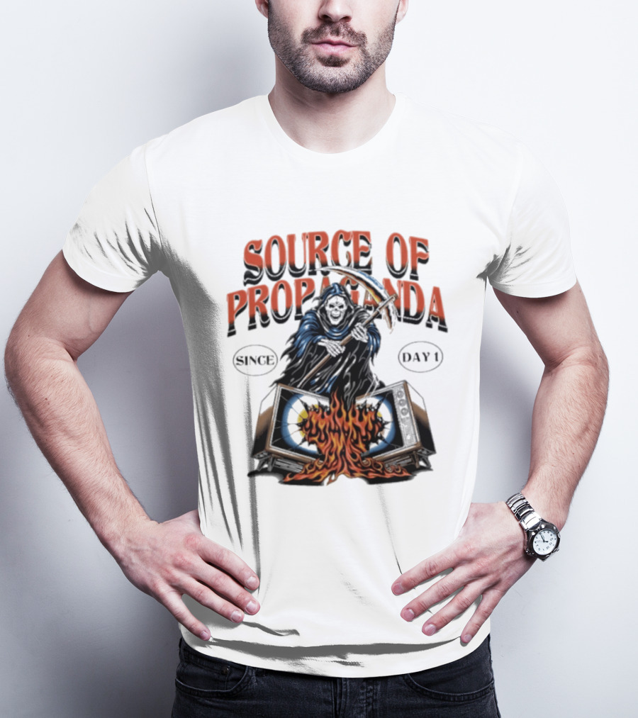 Source Of Propaganda Since Day 1 Grim Reaper Over Burning Television T-Shirt
