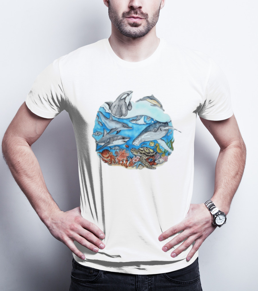 World Oceans Day Marine Life Dolphins Whales Turtles Octopus Coral Sea Animals Conservation T-Shirt