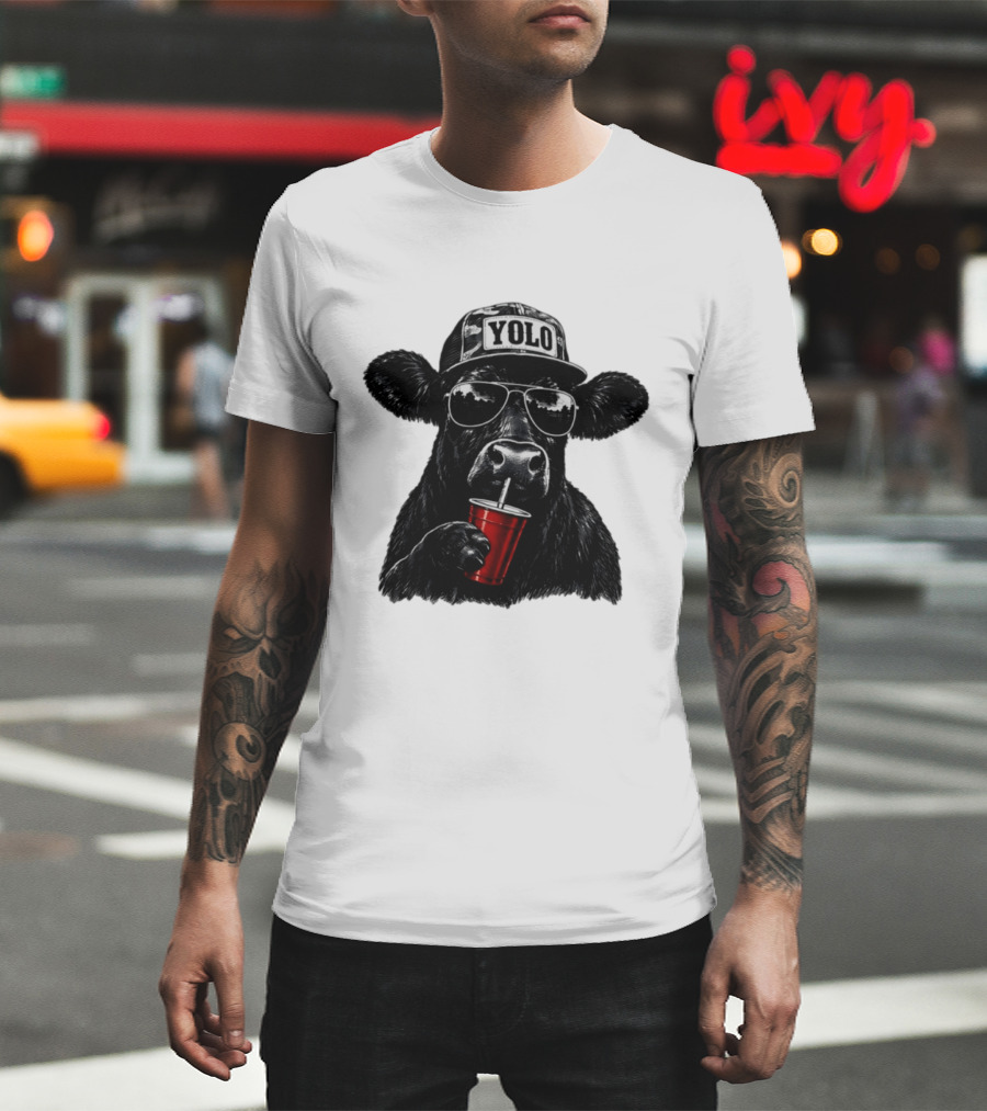 YOLO Angus Cattle With Sunglasses And Red Cup Western T-Shirt