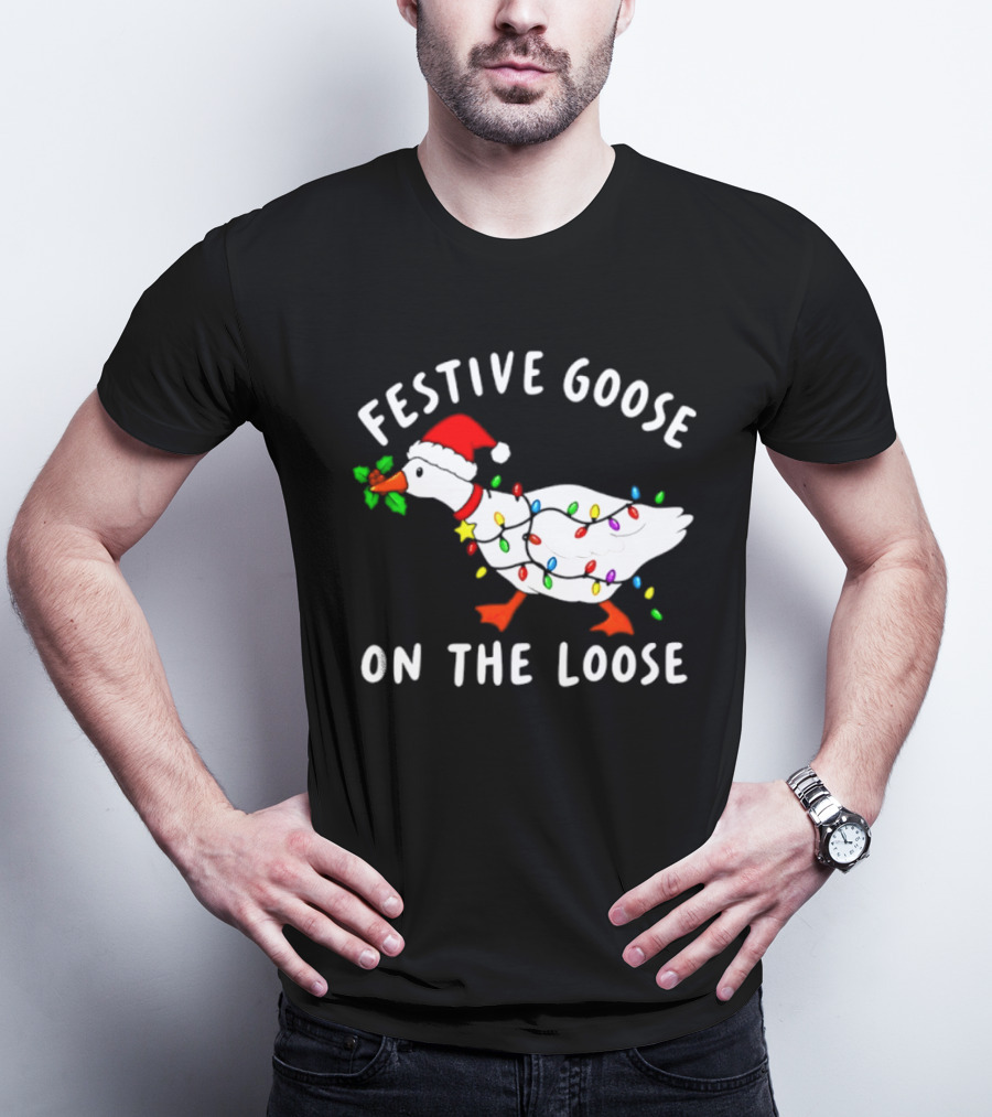Festive Goose On The Loose With Christmas Lights And Santa Hat T-Shirt