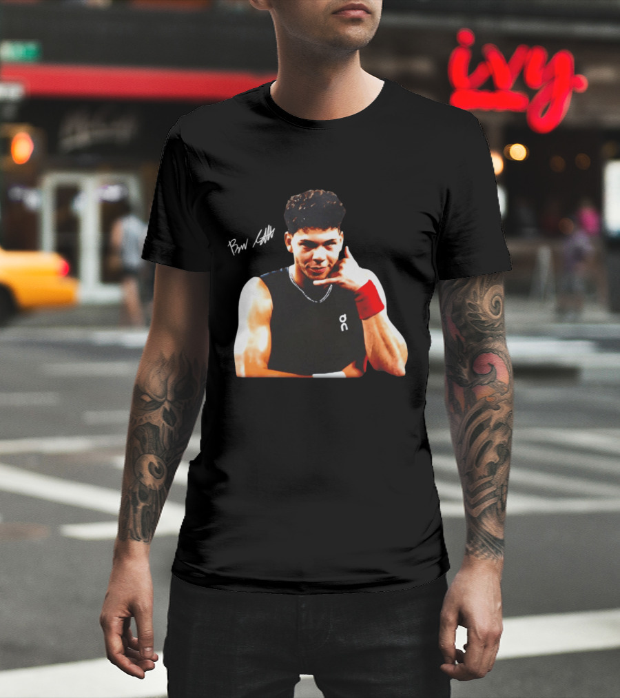 Ben Shelton Phone Gesture On Athletic Tank With Red Wristband T-Shirt