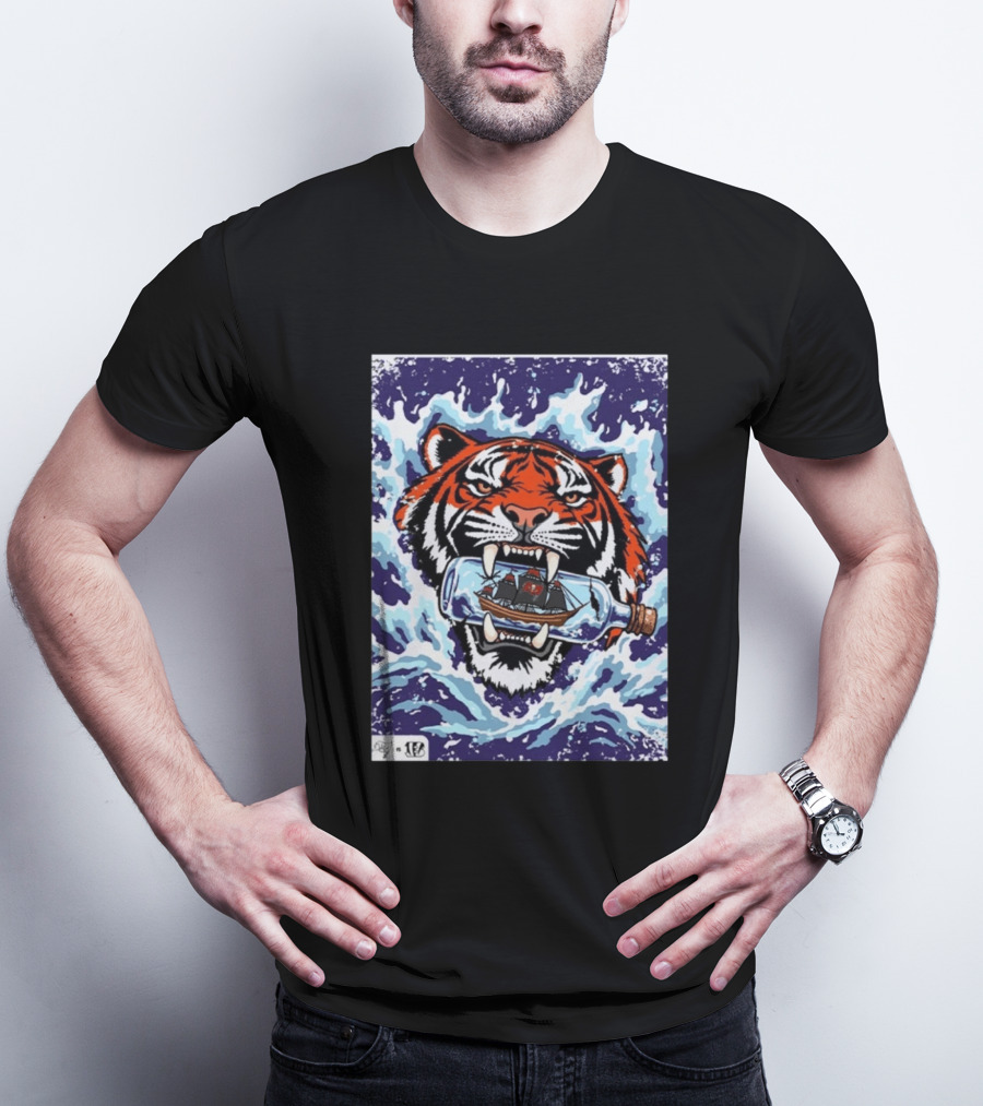 Bengals Vs Buccaneers Tiger And Pirate Ship Battle In A Bottle T-Shirt