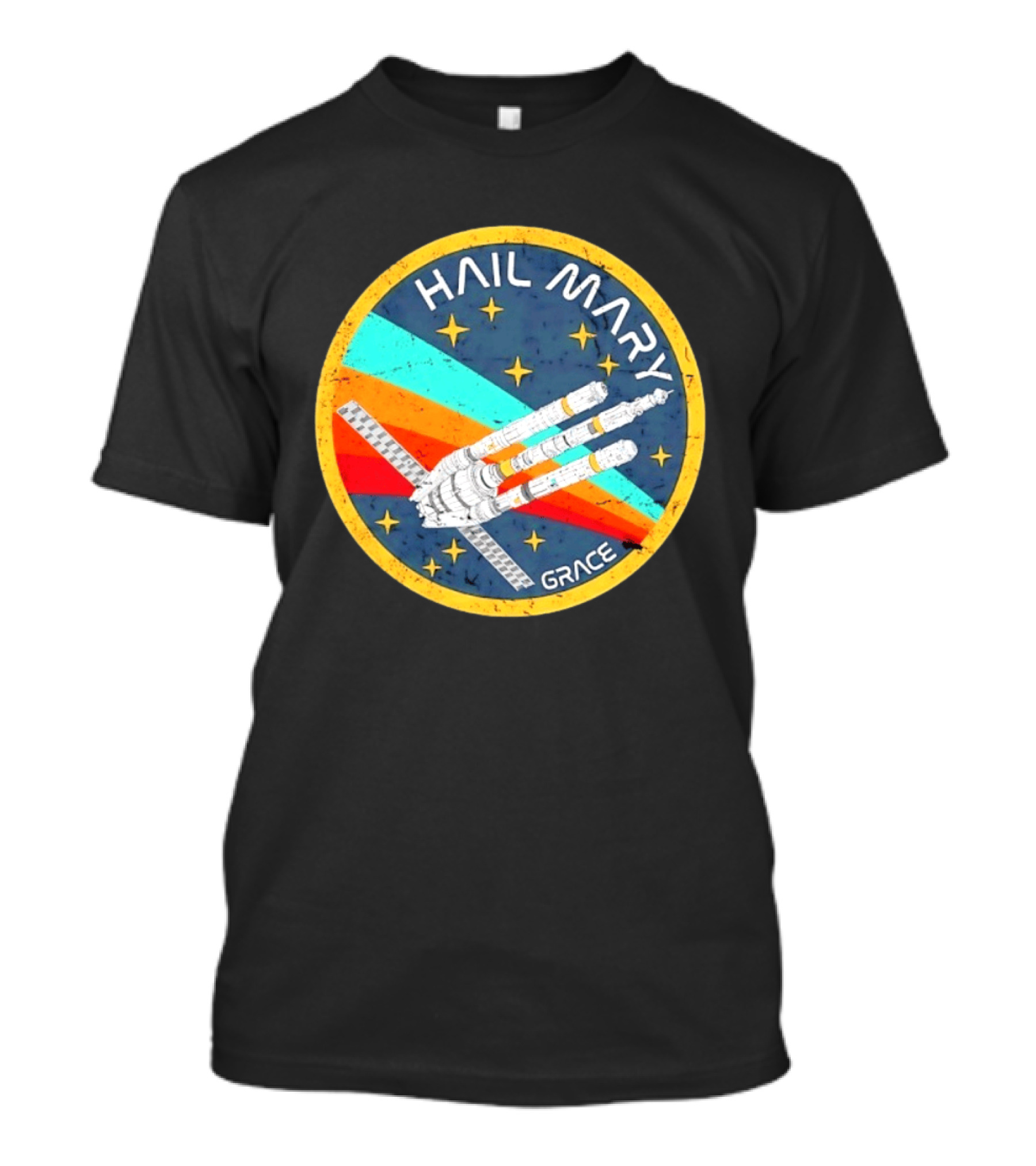 Hail Mary Grace Project Space Mission Emblem Retro Rocket T-Shirt