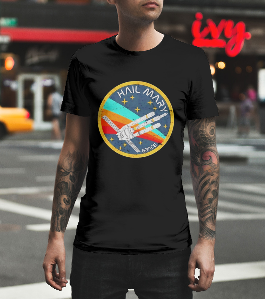 Hail Mary Grace Project Space Mission Emblem Retro Rocket T-Shirt
